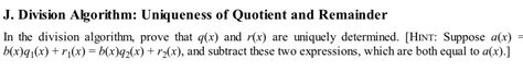 Solved J ﻿division Algorithm Uniqueness Of Quotient And