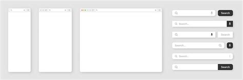 다양한 검색 창 템플릿이있는 빈 인터넷 브라우저 창 검색 상자 주소 표시줄 및 텍스트 필드가 있는 웹 사이트 엔진입니다 Ui 디자인 웹 사이트 인터페이스 요소 벡터 일러스트