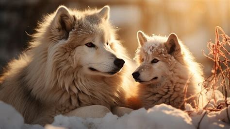 Premium Photo Two White Wolf Dogs Laying In The Snow