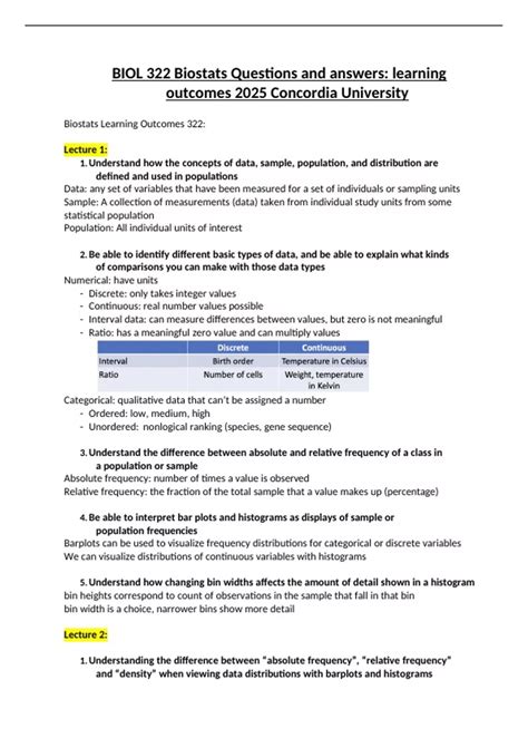 biol 322 biostats questions and answers learning outcomes 2025 concordia university biol 322