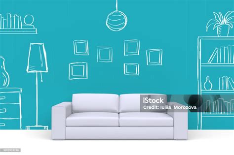 손으로 그린 룸에서 화이트 소파 블루 벽 액자 책장 램프 찬 장 선반 책 꽃병에 그린 전면 보기 3d 렌더링입니다 0명에 대한 스톡 사진 및 기타 이미지 Istock