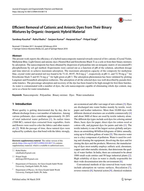 Pdf Efficient Removal Of Cationic And Anionic Dyes From Their Binary Mixtures By Organic
