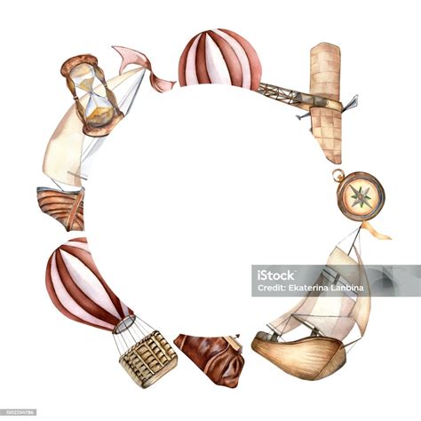 모험 아이템의 프레임 흰색으로 분리된 수채화 그림 나침반 망원경 범선 열기구 비행기 손으로 그렸습니다 유치한 디자인 소년 엽서
