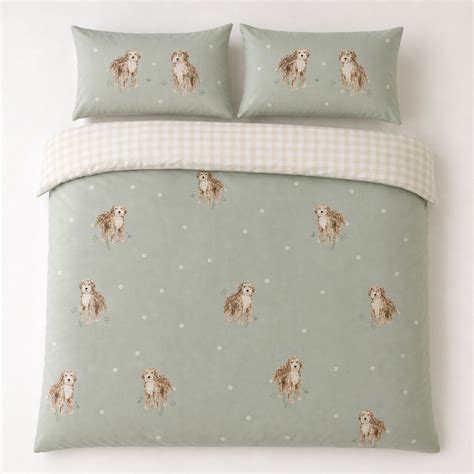 Hattie Cockapoo Dog Print Microfibre Duvet Cover Set Green Ideal