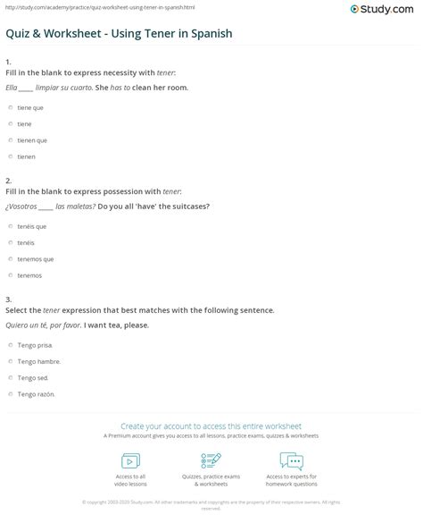 quiz and worksheet using tener in spanish