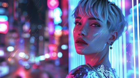 Premium Photo Futuristic Woman With Silver Pixie Cut In Neon Lit City