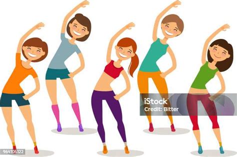 스포츠 에어로빅 건강 한 라이프 스타일 개념 피트 니스 체육관에서 종사 하는 사람들의 그룹 재미 있는 만화 벡터 일러스트 레이