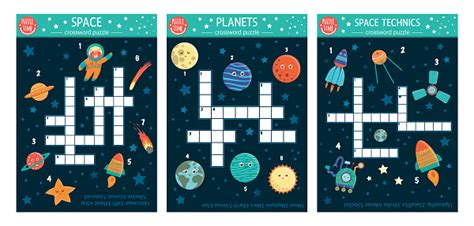 벡터 공간 크로스워드 세트입니다 아이들을위한 밝고 다채로운 퀴즈 Ufo 행성 별 우주 비행사 혜성 로켓 소행성 우주 기술자와 퍼즐 활동 천문학 인쇄 가능한 워크시트 컬렉션