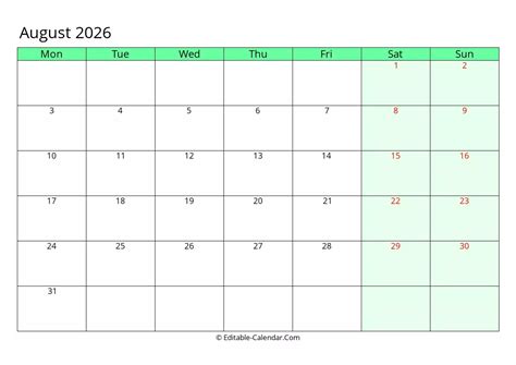 Download Fillable Calendar August 2026 Monday Start