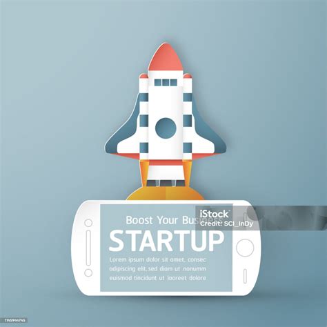 종이 절단 공예 및 종이 접기 스타일에서 시작 개념 벡터 일러스트 레이 션 로켓은 파란 하늘을 날고 있다 웹 배너 포스터 표지 광고에 대 한 템플릿 디자인입니다 아이 들을
