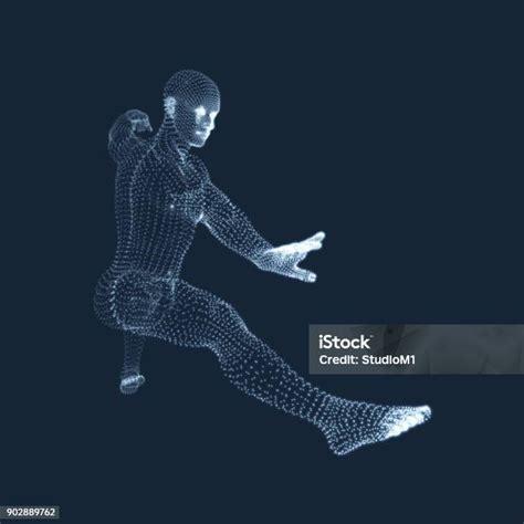 Kickbox 파이터 높은 킥을 실행을 준비 하 고입니다 피트 니스 스포츠 교육과 무술 개념 남자 인체 3d 모델입니다 디자인 요소입니다 벡터 일러스트입니다 쿵푸에 대한