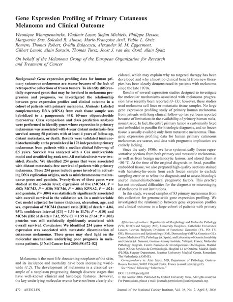 Pdf Gene Expression Profiling Of Primary Cutaneous Melanoma And