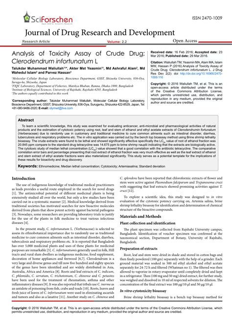 Pdf Analysis Of Toxicity Assay Of Crude Drug Clerodendrum Infortunatum L
