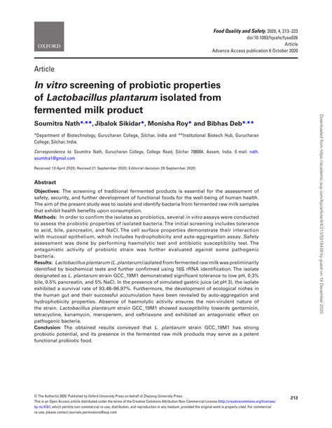 Pdf In Vitro Screening Of Probiotic Properties Of Lactobacillus Plantarum Isolated From