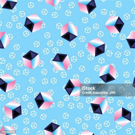 파란색 패턴 배경에 여러 가지 빛깔의 3d 큐브 완벽 한 패턴 기하학적 큐브 복고 스타일입니다 80s 스타일 추상적 인 기하학적