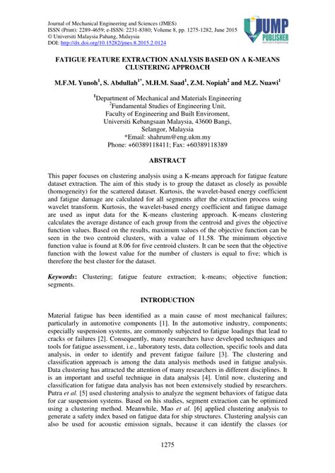 Pdf Fatigue Feature Extraction Analysis Based On A K Means Clustering