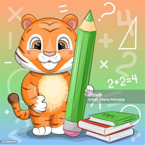 A Cute Cartoon Tiger Is Holding A Big Green Pencil And Is Standing Next To The Books Stock