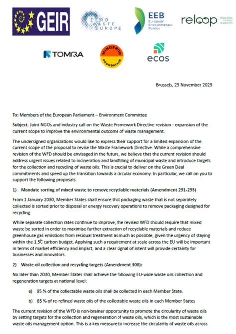 Joint Letter NGOs And Industry Call On The Waste Framework Directive Revision Zero Waste Europe