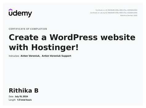 Completed Wordpress Website Course With Hostinger Rithika Balamurugan