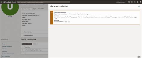 generate an smtp credentials using console in oci for the user