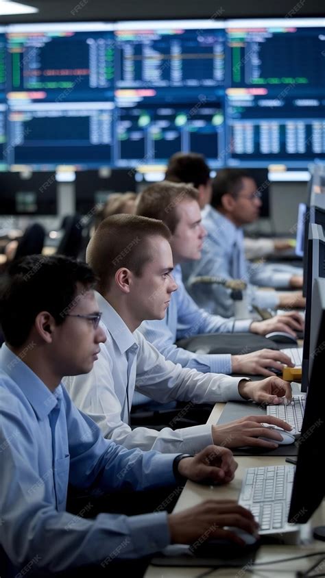 Team Of It Programers Working On Desktop Computers In Data Center Control Room Premium Ai