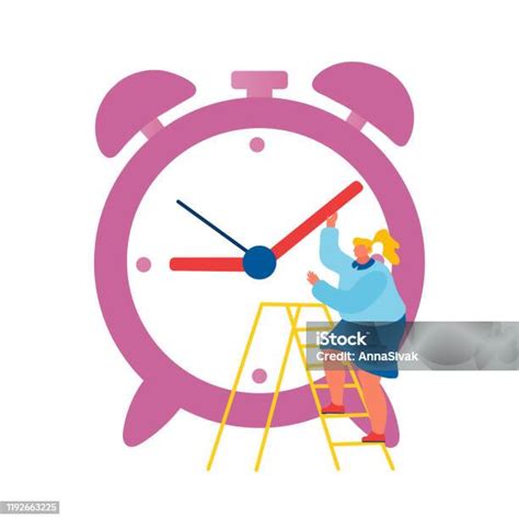 기한 스트레스 및 시간 관리 개념 사무실 직장에서 열심히 일하게된 거대한 알람 시계 다이얼에서 사다리 이동 화살표에 서 있는 비즈니스 여성이 스트레스를 받습니다 만화 플랫