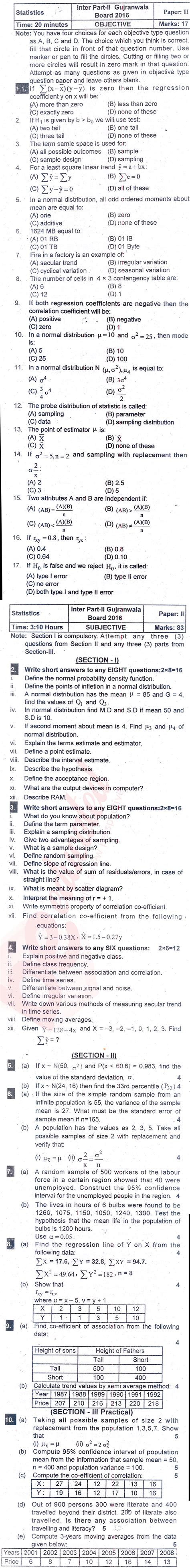 Statistics Ics Part 2 Past Paper Group 1 Bise Gujranwala 2016 Past Papers