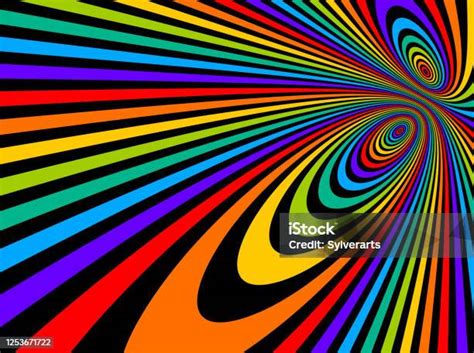 다채로운 무지개 추상 벡터 라인 환각 착시 일러스트 초 3d 관점에서 초현실적 인 Op 아트 선형 곡선 미친 왜곡 된 디자인 약물 환각 정신 착란 0명에 대한 스톡 벡터