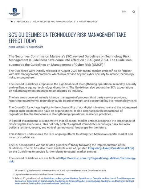 Scs Guidelines On Technology Risk Management Take Effect Today Pdf