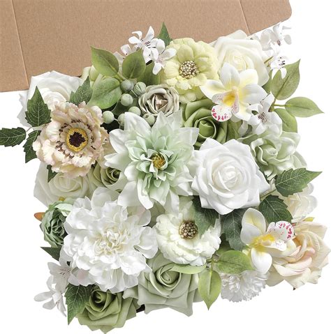 Rongflower White Green Artificial Flowers Combo Set Fake