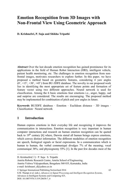 PDF Emotion Recognition From D Images With Non Frontal View Using Geometric Approach