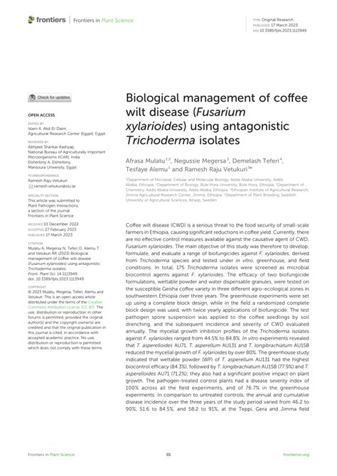 Pdf Biological Management Of Coffee Wilt Disease Fusarium Xylarioides Using Antagonistic