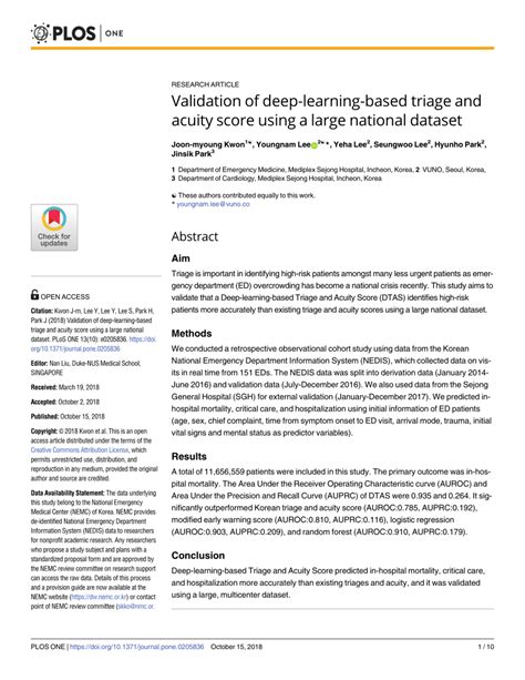 Pdf Validation Of Deep Learning Based Triage And Acuity Score Using A Large National Dataset