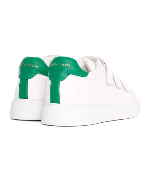Mens White Velcro Sneakers With Green Heel Tab Mv