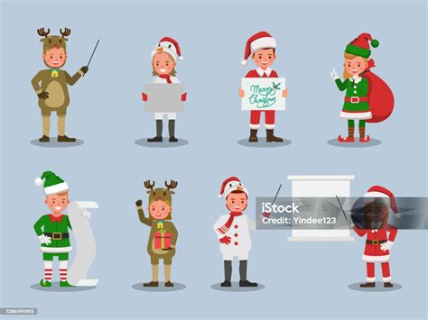 크리스마스 의상을 입은 키즈 보이와 소녀 세트 감정과 다양한 행동의 프리젠 테이션 12월에 대한 스톡 벡터 아트 및 기타 이미지