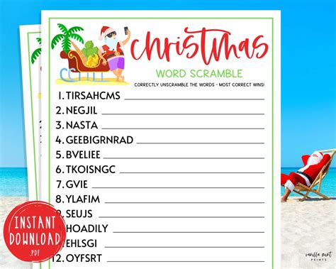 Christmas In July Word Scramble Party Game Beach Christmas Printable
