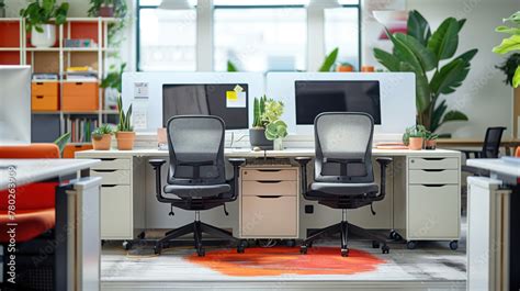 Modern Office Cubicle Setup With Dual Computer Screens And Chairs Stock Illustration Adobe Stock