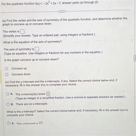 Solved For The Quadratic Function F X −2x2 2x−7 Answer