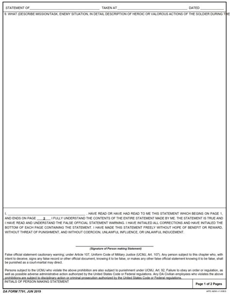 Da Form 7791 Eyewitness Statement Army Pubs Da Form