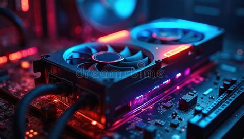 Close Up Shot Of Gaming Pc Graphics Card With Blue Red Rgb Lighting