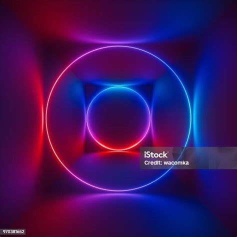 3d 렌더링 자외선 스펙트럼 빛나는 반지 원형 원형 네온 조명 추상 환각 평방 배경 입방 룸 복도 터널 관점 활기찬 색상 3차원 형태에 대한 스톡 사진 및 기타 이미지