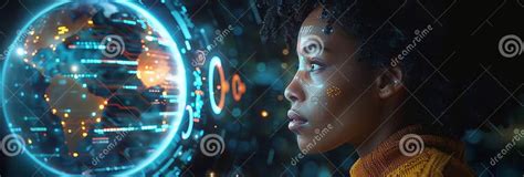 futuristic vision of a woman gazing intently at a holographic interface