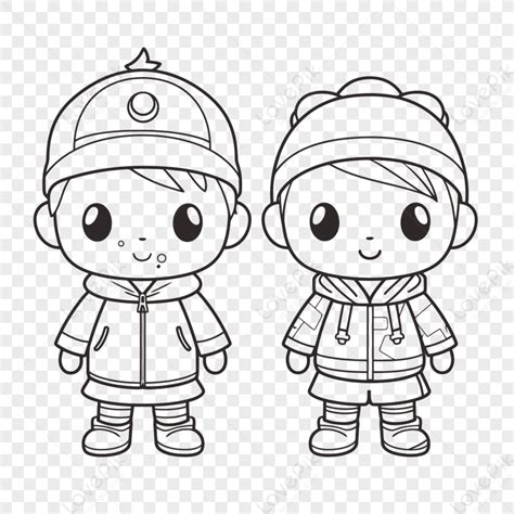 겨울과 스카프 개요 스케치 드로잉으로 페이지를 색칠하는 한 쌍의 어린이 벡터인간의 몸흑백 대비 Png 일러스트 무료 다운로드 Lovepik