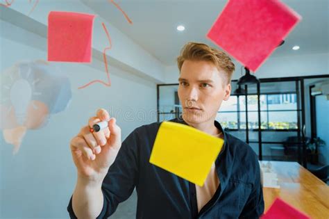 Businessman Writing Idea By Using Mind Map And Sticky Notes Immaculate