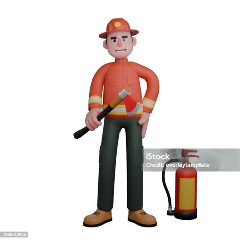 소방의 전문 남성 소방관은 손에 소방용 도끼를 들고 태연하게 서 있고 그 옆에는 소화기가 놓여 있습니다 3d 소방관 만화 구조에 대한 스톡 사진 및 기타 이미지 Istock
