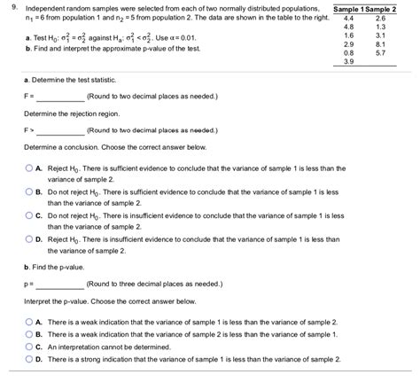 Solved 9 Independent Random Samples Were Selected From Each