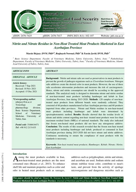 Pdf Nitrite And Nitrate Residue In Non Heat Treated Meat Products Marketed In East Azerbaijan