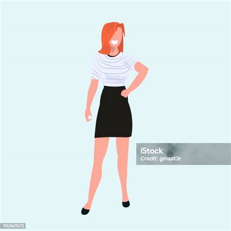 빨간 머리 여자 서 있는 자세 우연한 여성 만화 캐릭터 웃는 소녀 포즈 플랫 전체 길이 여자에 대한 스톡 벡터 아트 및 기타 이미지 여자 개념 관능 Istock