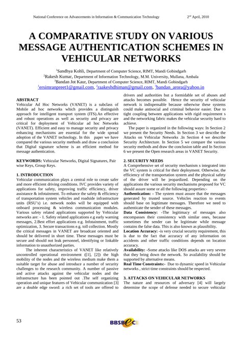 Pdf A Comparative Study On Various Message Authentication Schemes In Vehicular Networks