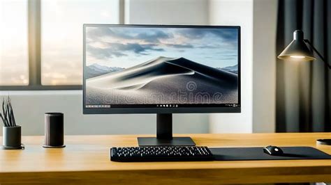 Computer Monitor On Desk With Keyboard And Mouse Modern Stock